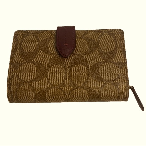Coach | Bags | Coach Tan Coated Canvas Wine Patent Leather Bi Fold Zip ...